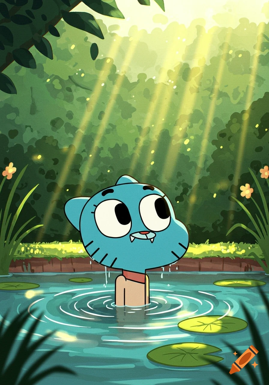 Cartoon character Gumball Watterson in a pond under sunbeams in a lush ...