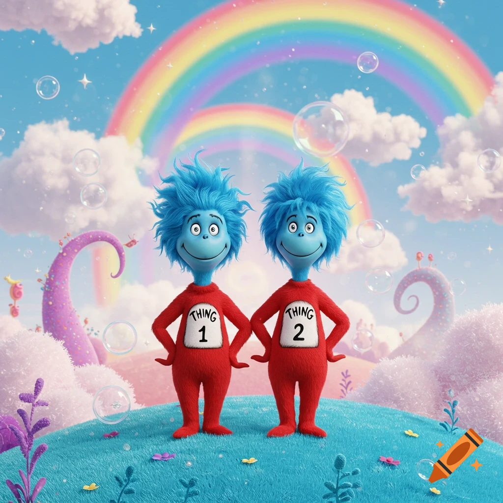 Thing 1 and Thing 2 with blue furry hair standing on a green hill under ...