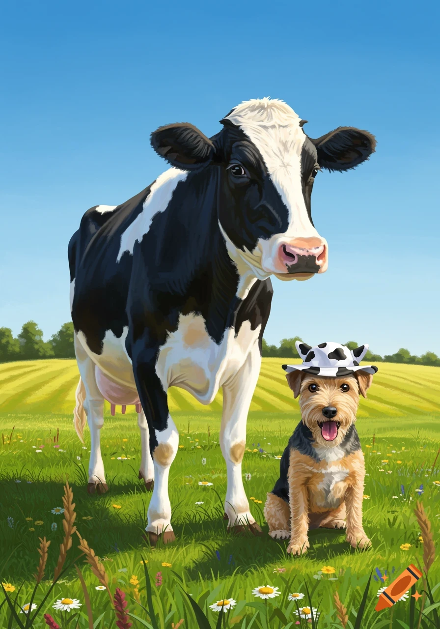 A black and white cow stands next to a brown dog wearing a cow-print ...
