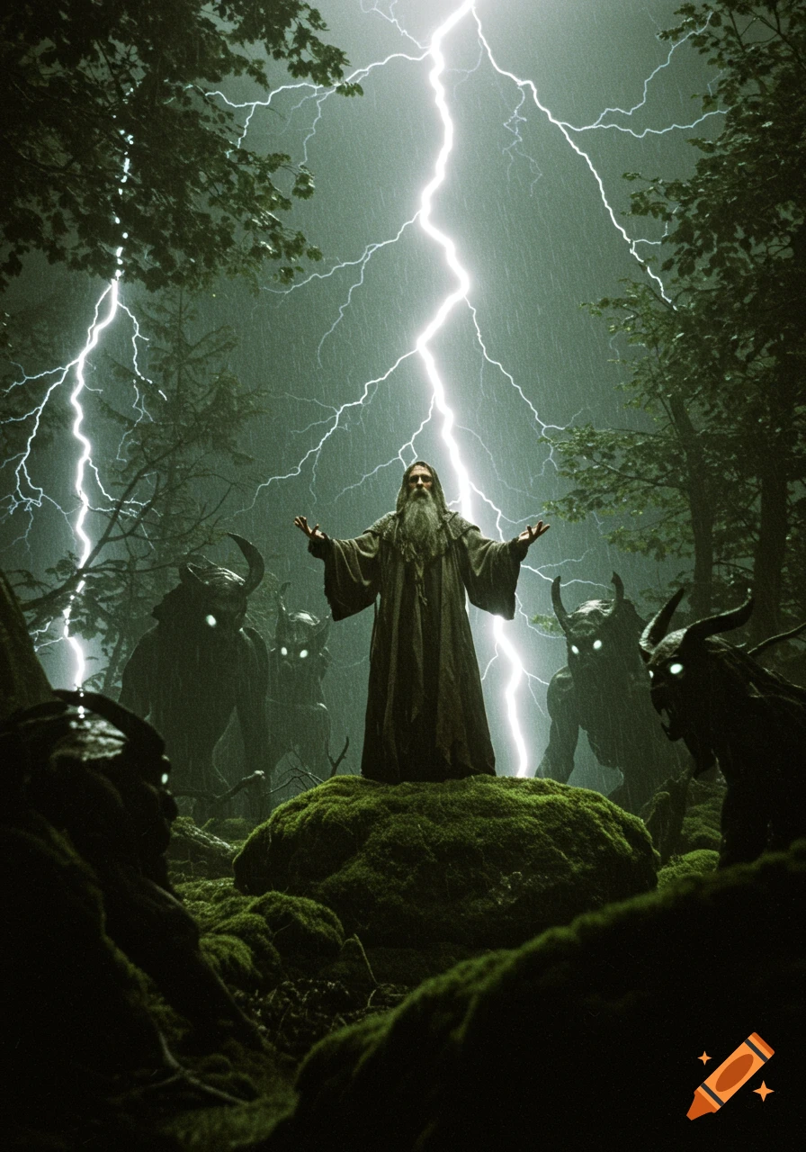 A wizard stands on a mossy rock with outstretched arms, surrounded by ...