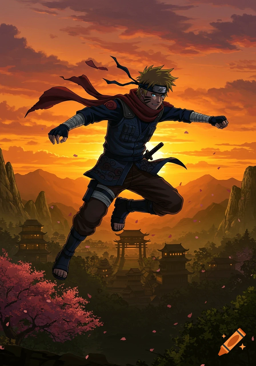 An anime character, Naruto, in ninja attire, jumps over a traditional ...