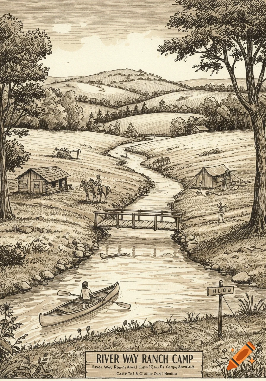 A hand-drawn map of Camp Green Lake showing tents, cabins, a lake, and ...