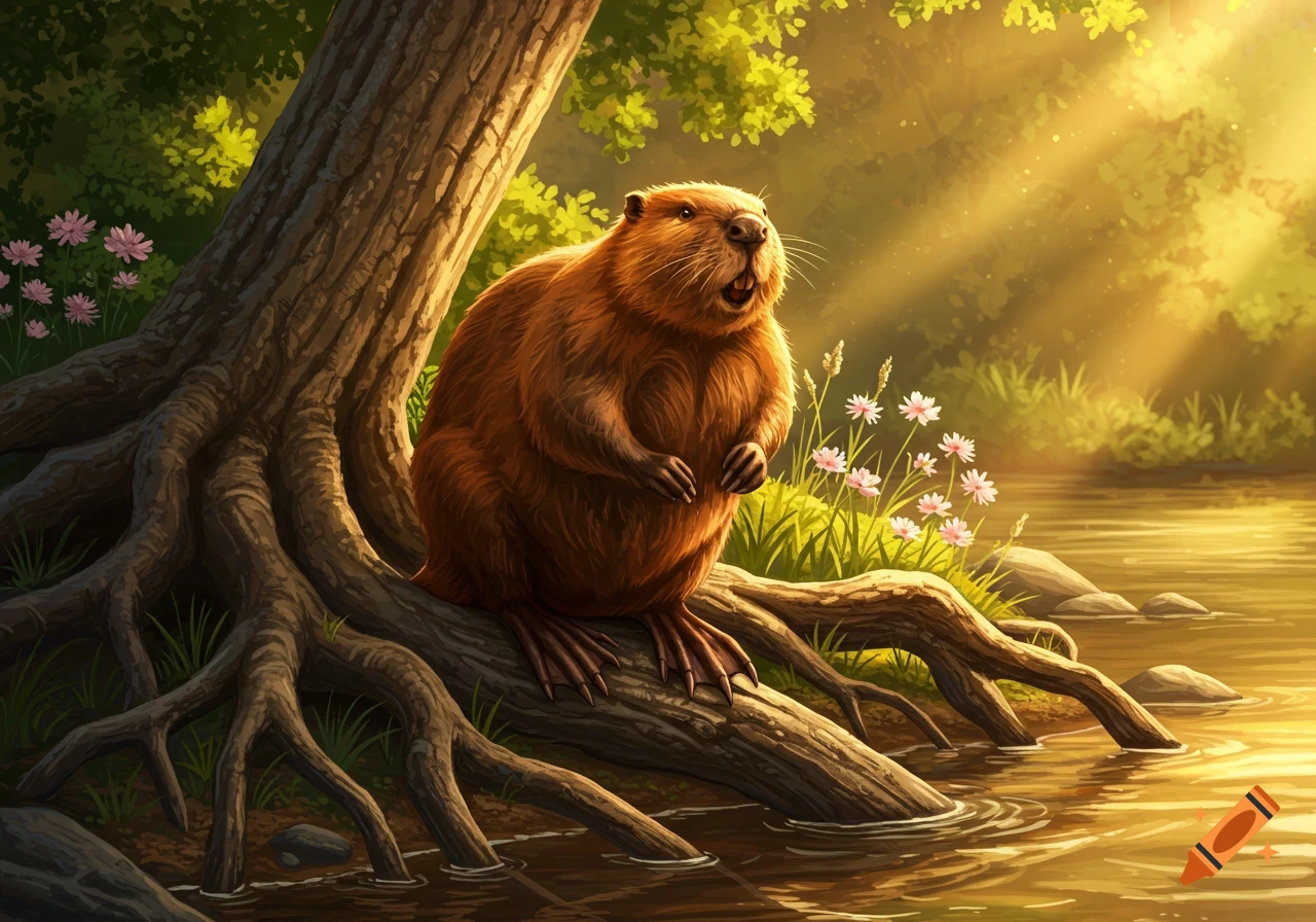 An illustrative cartoon beaver sits on a tree root by a river, sunlight ...