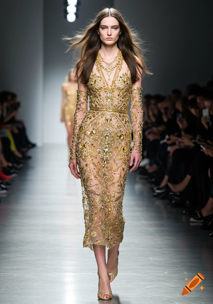 A slim model with long brown hair and a serious expression walks on a ...