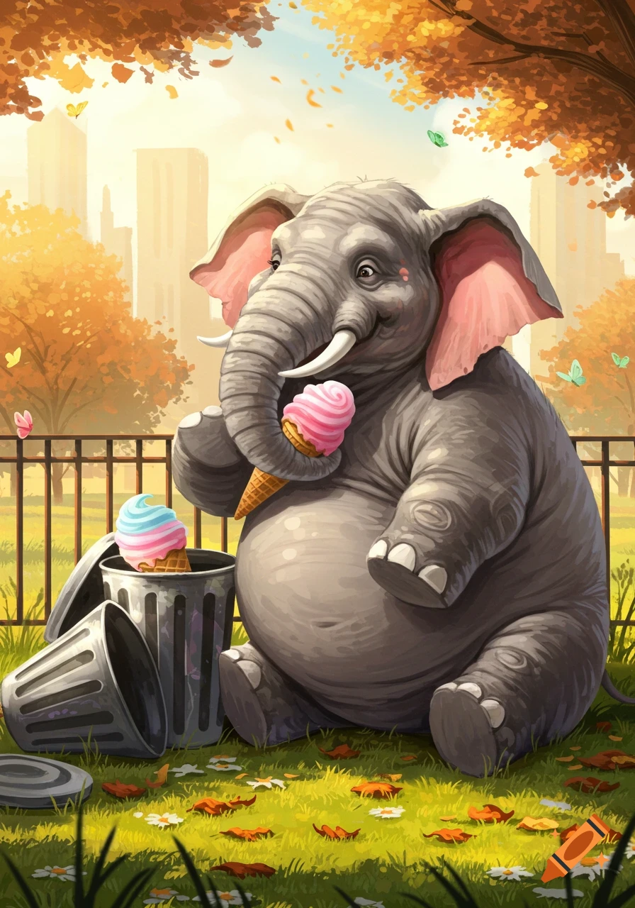 Cartoon elephant in an autumn park eating a pink ice cream cone, with ...