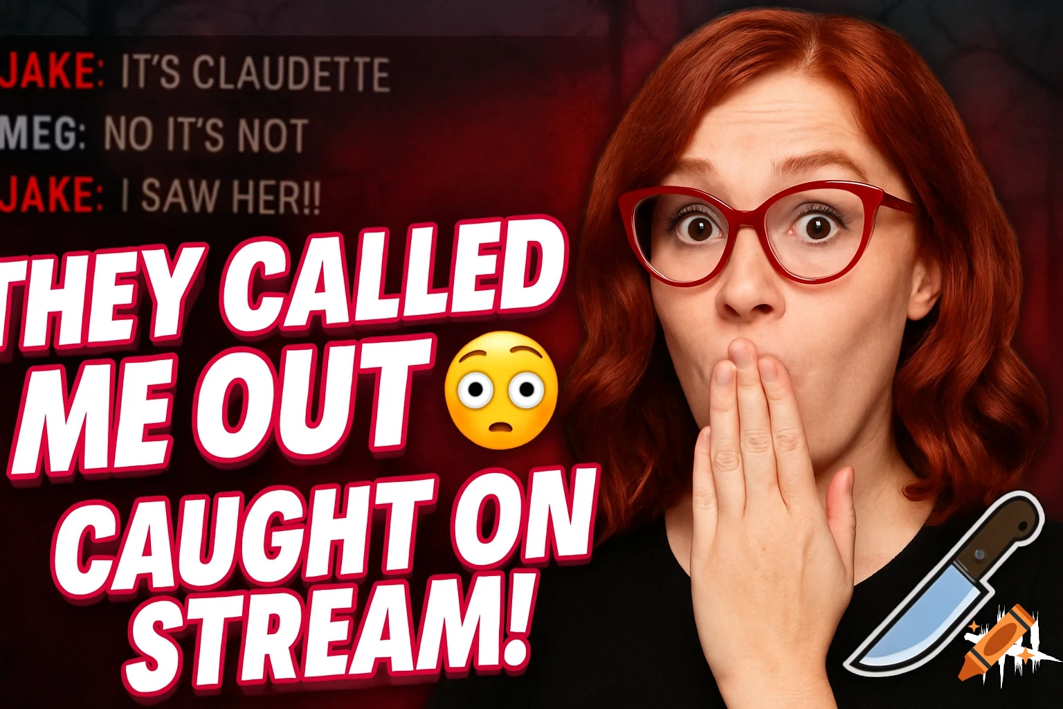 A red-haired woman with cat-eye glasses covers her mouth in surprise ...