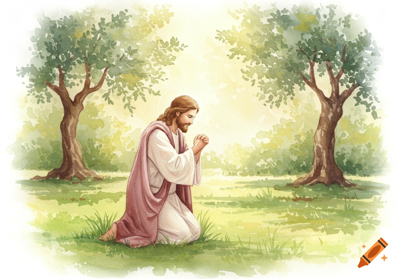 Watercolor illustration of Jesus kneeling in prayer in a vibrant green ...