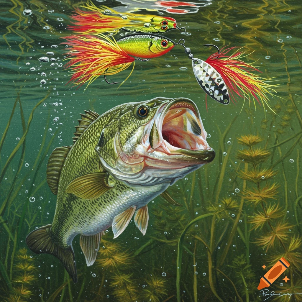 Detailed illustration of a largemouth bass with open mouth lunging at a ...