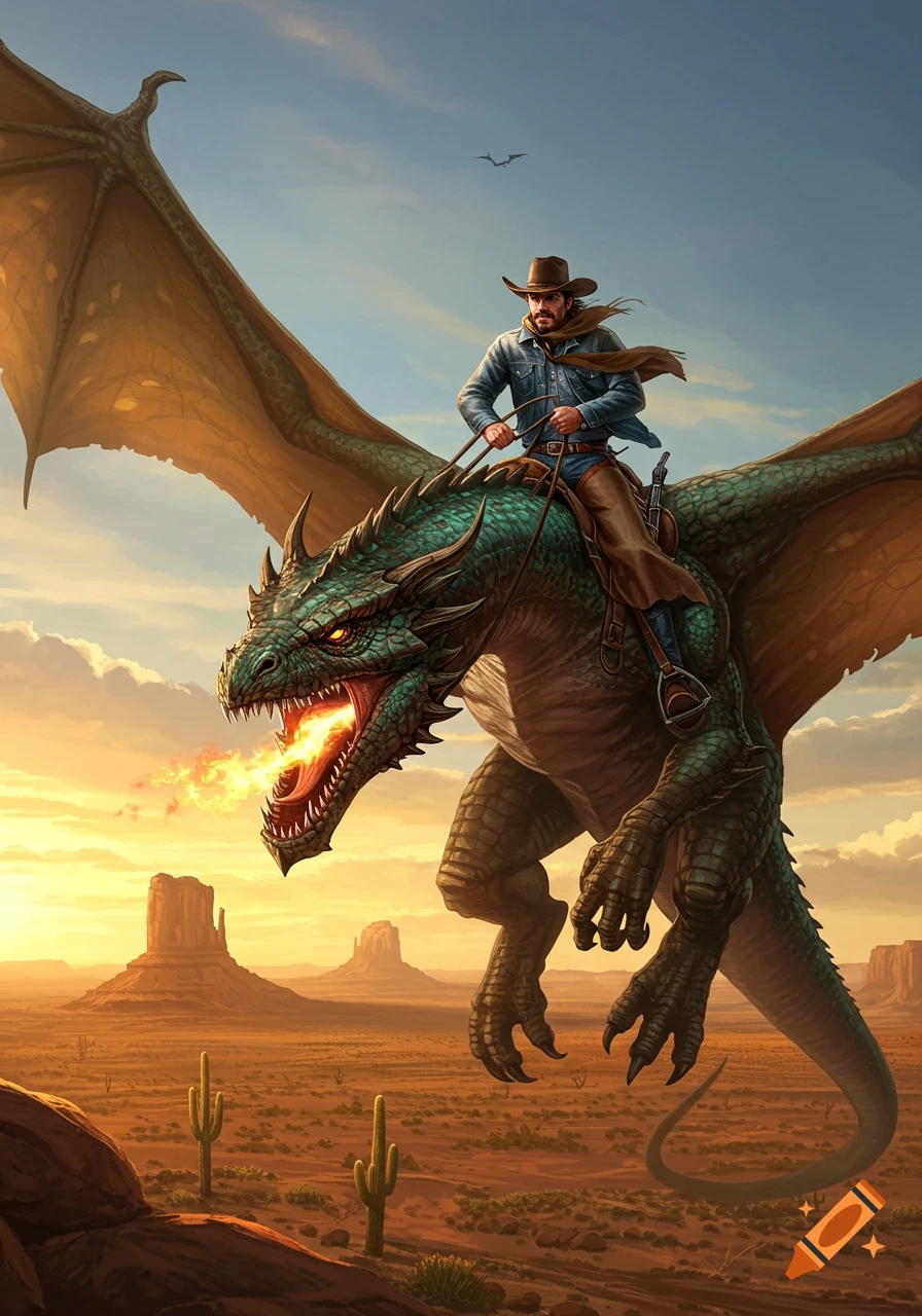 A green dragon with large wings rides a motorcycle on a road through a ...