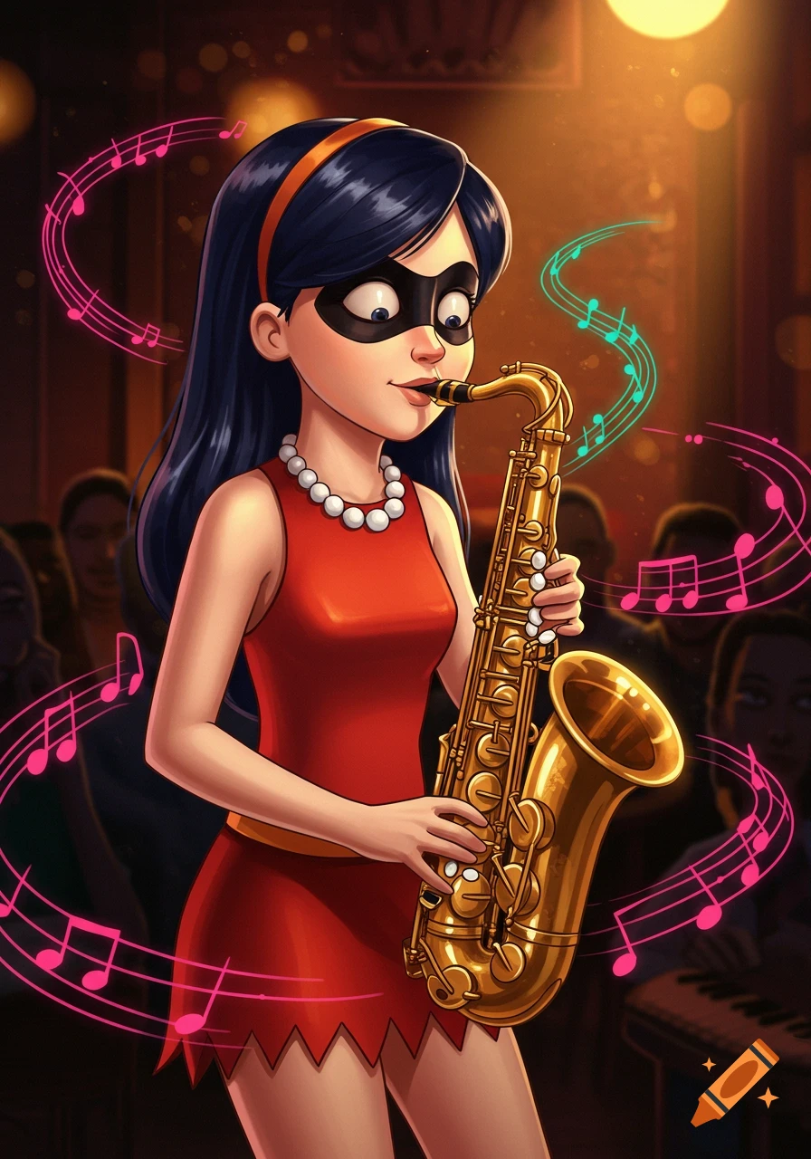Violet from The Incredibles in a mask and orange dress plays a golden ...