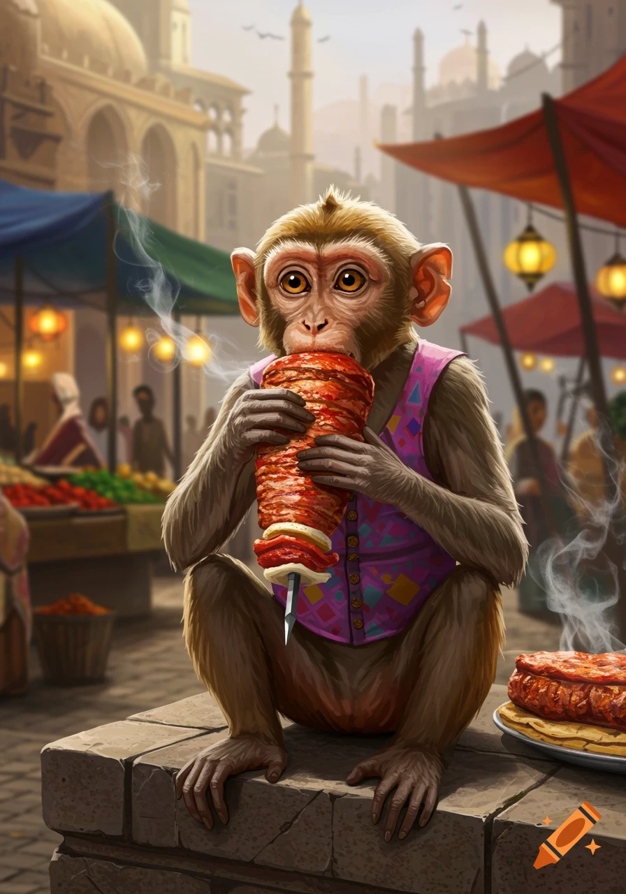 A monkey wearing a pink vest sits on a stone wall in a market, eating a ...