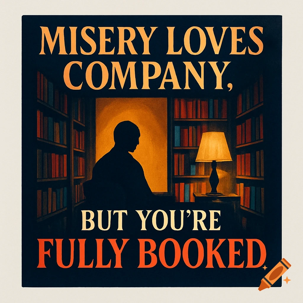 A poster with a dark silhouette of a person in a library, surrounded by ...