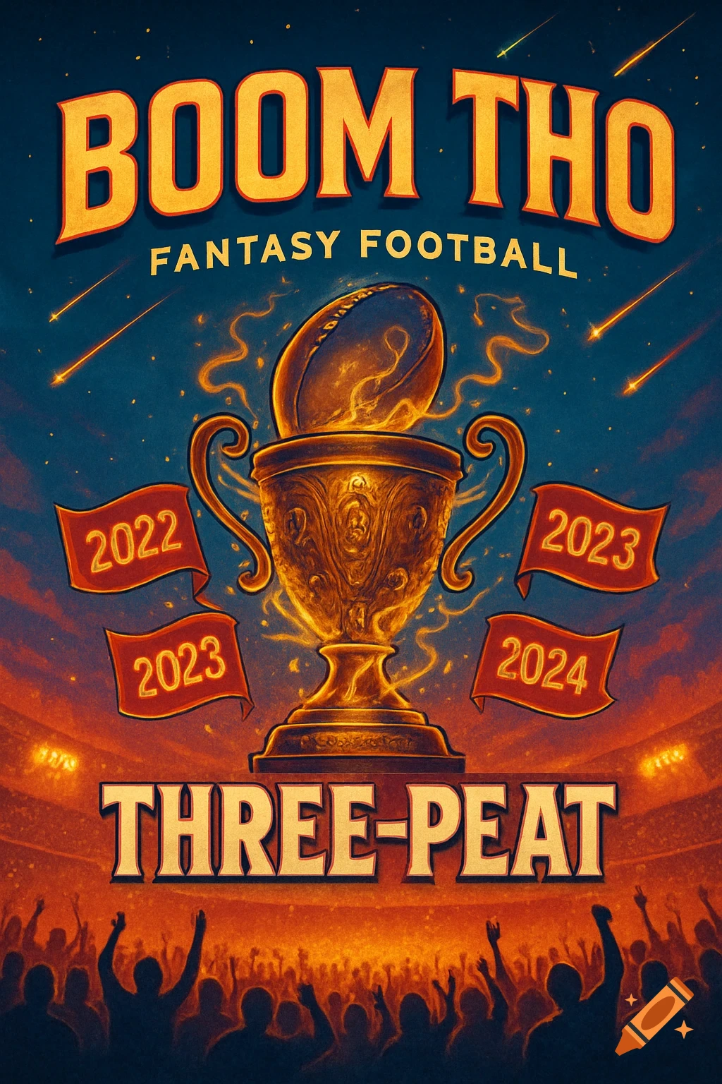 A digital art logo featuring a metallic football with smoke, above the ...