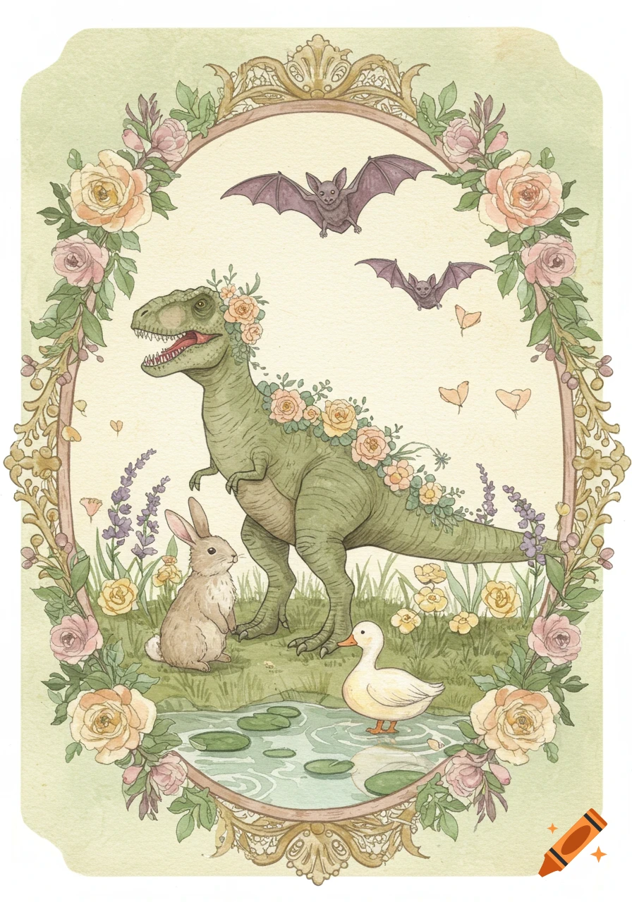 Line art illustration of a T-Rex, bunny, bat, and duck in a gothic ...