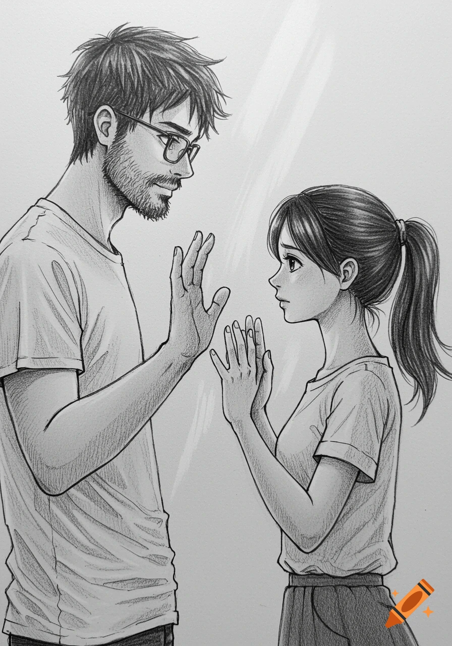 A black and white pencil drawing of a sad couple holding hands across a ...