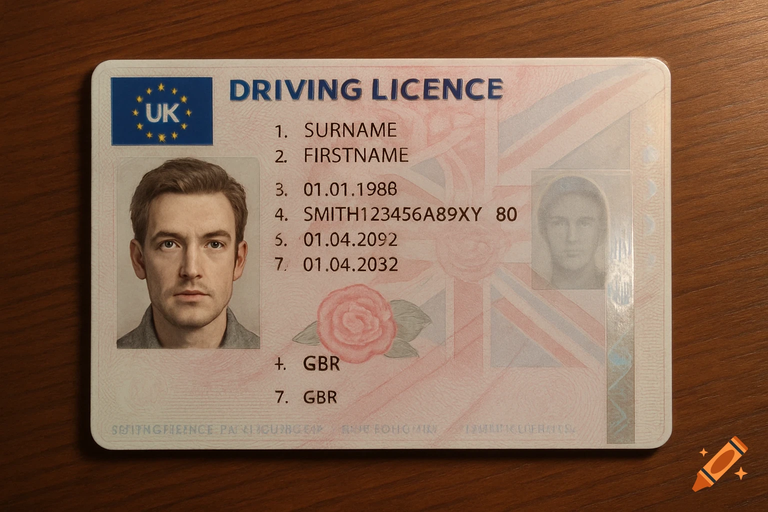 A close-up, photorealistic image of a UK driving license for John Smith ...