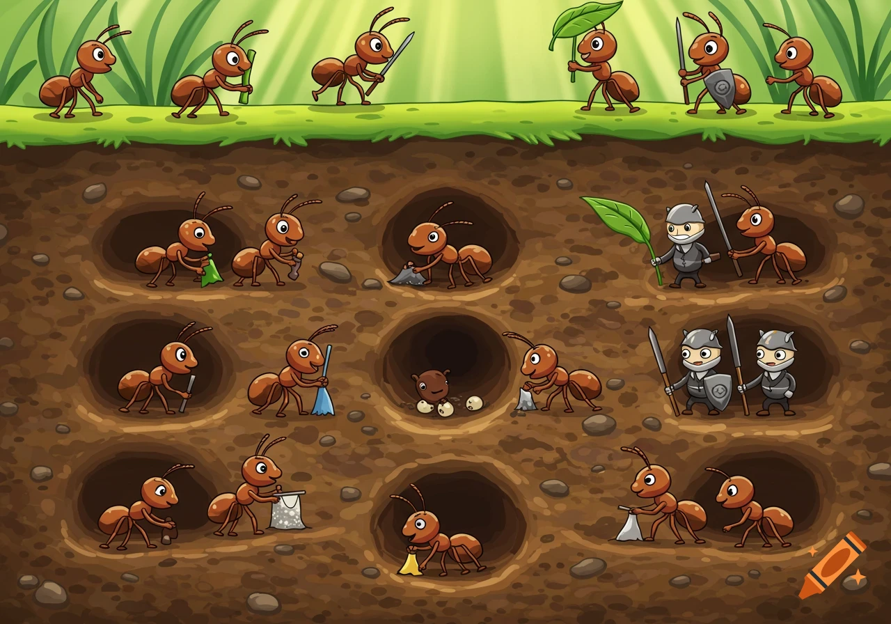 A cartoon scene depicting an ant nest with ants above ground standing ...