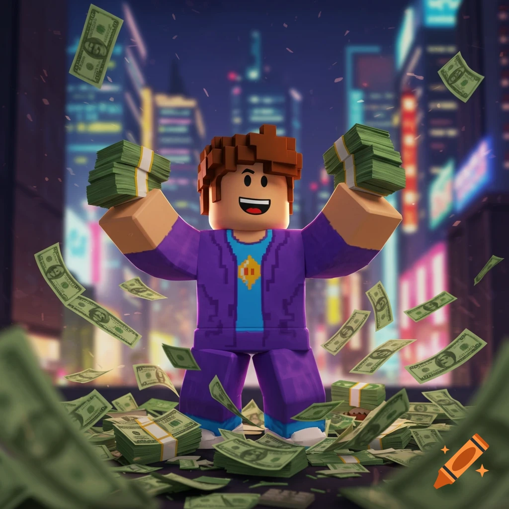 A Roblox character in a purple jacket stands in a city at night ...