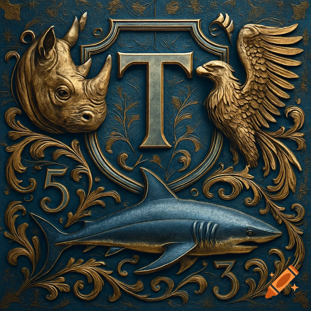 An ornate golden and teal family crest featuring a letter 'T', numbers ...