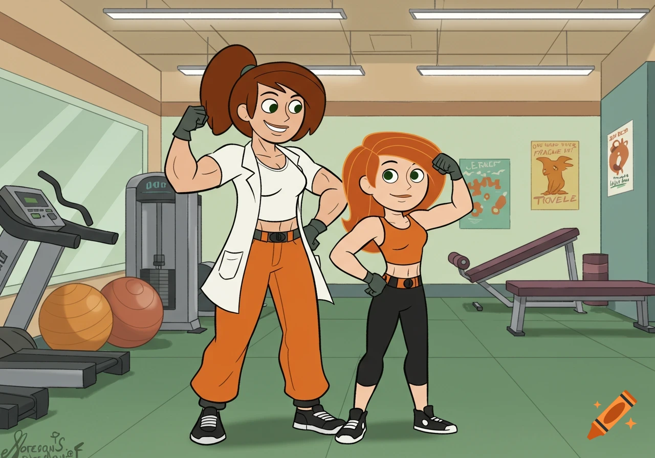 Cartoon image of Kim Possible and her mom flexing their muscles in a ...