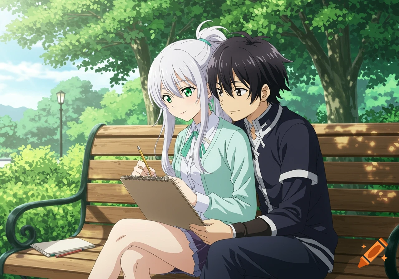 An anime woman with long white hair draws on a sketch pad while sitting ...