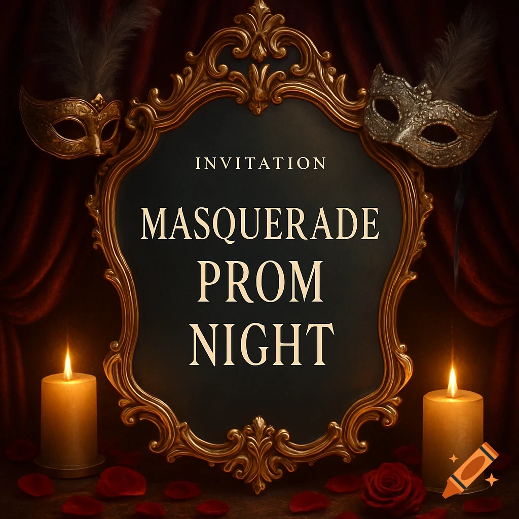 A vintage-style masquerade prom night invitation card in an ornate gold ...