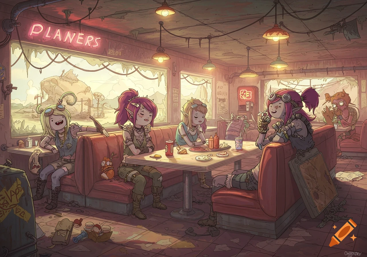 Four cartoon-style female raider characters hang out in a dilapidated ...