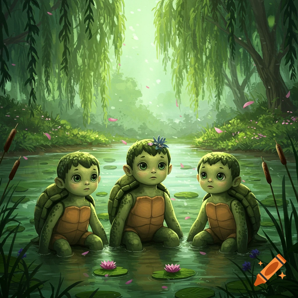 Three cute turtle-like humanoids with big eyes sit in a pond with lily ...