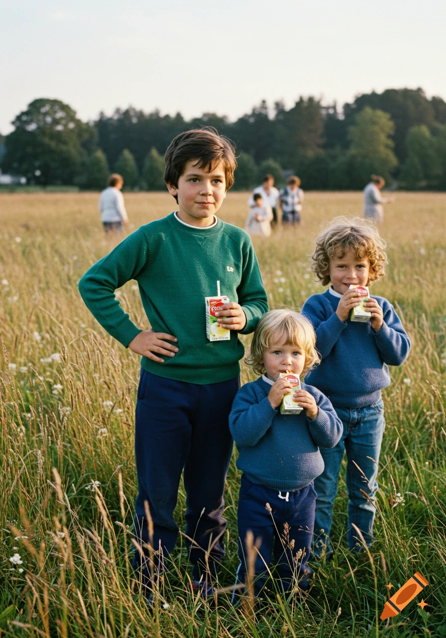 Three boys in a field, two young boys drink juice boxes while an older ...