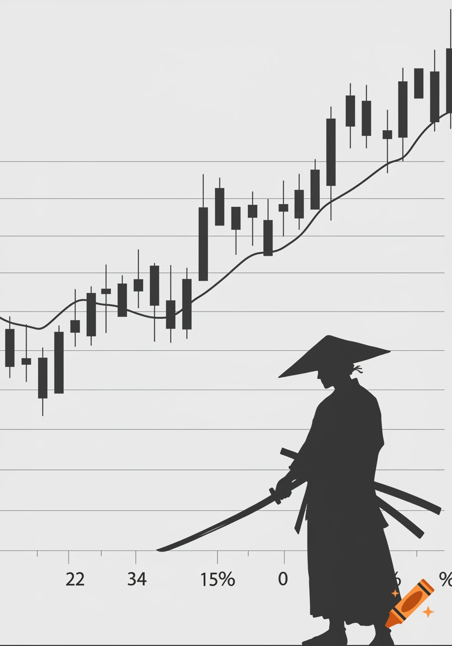 A silhouette of a samurai holding a katana stands before a rising stock ...