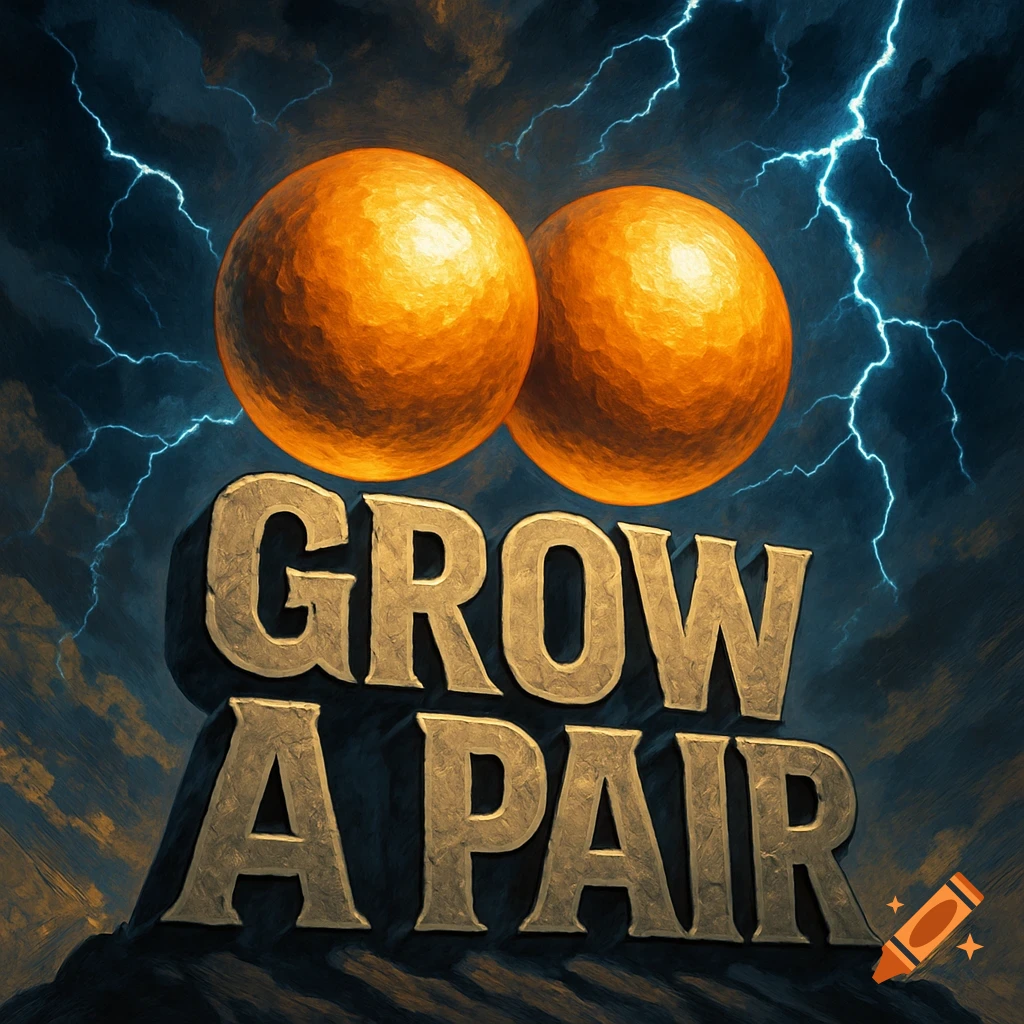 Two glowing orange spheres with lightning around them, above large textured text that reads ...