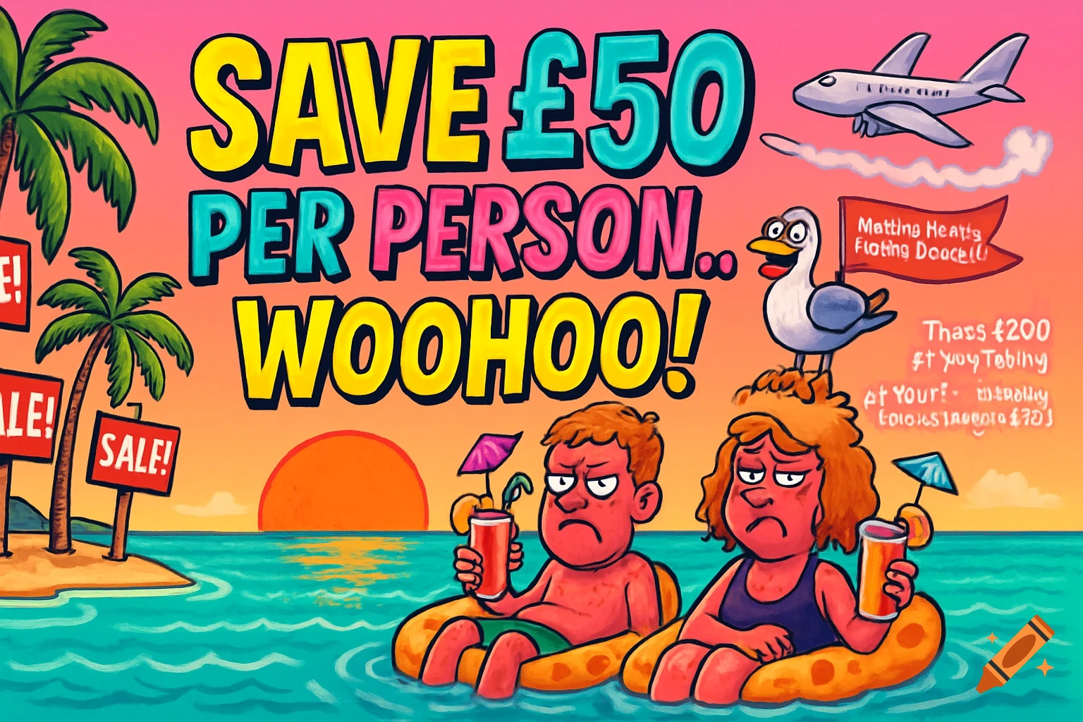 A colorful cartoon of two unhappy adults in inflatable rings on the ...