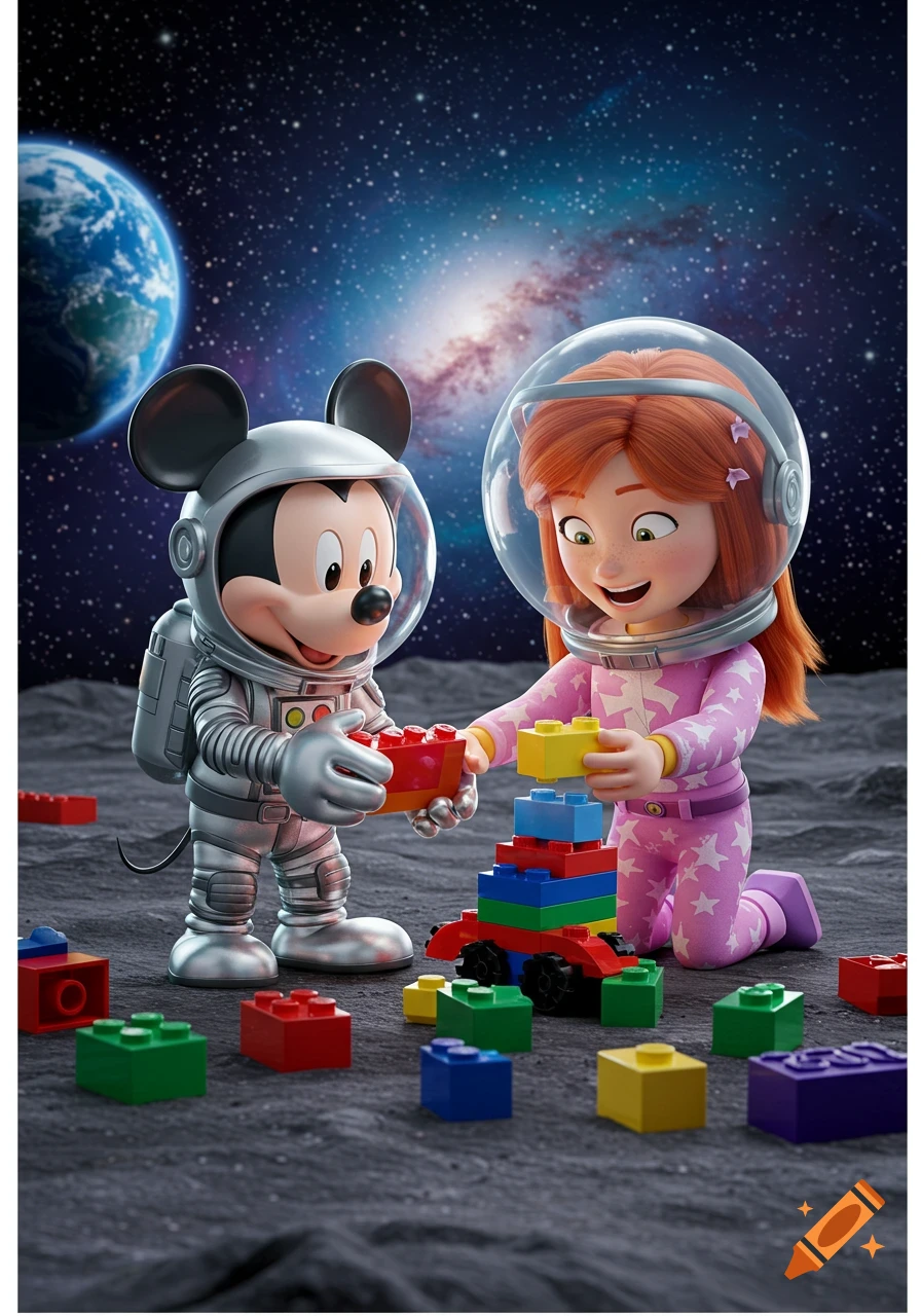 3D rendered image of Mickey Mouse in an astronaut suit building ...
