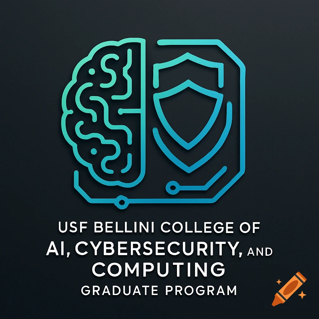 A logo featuring a brain icon merging with a shield icon, with text 'USF Bellini College of AI ...
