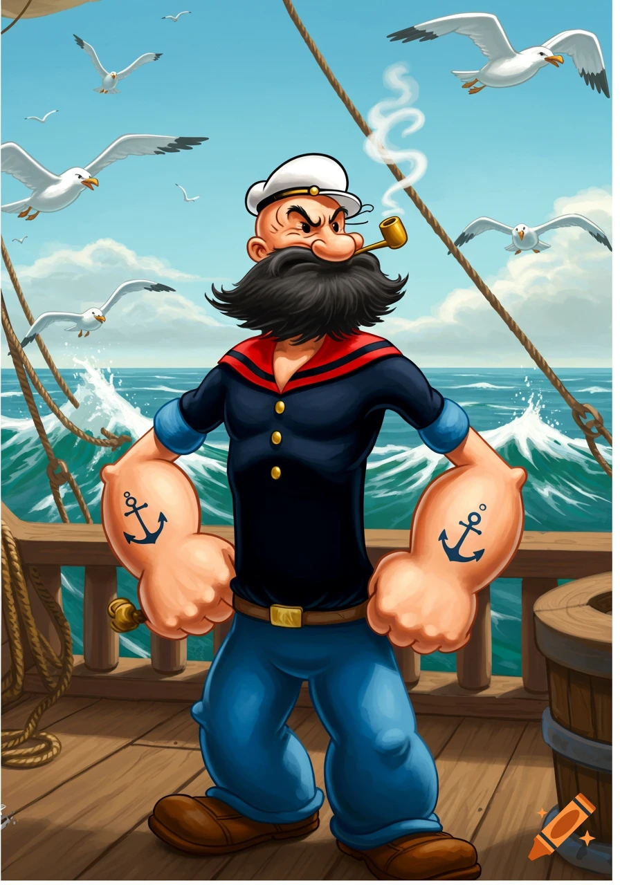 Very muscular Popeye the Sailor in a black tank top and beret flexing his arm by the ocean with ...