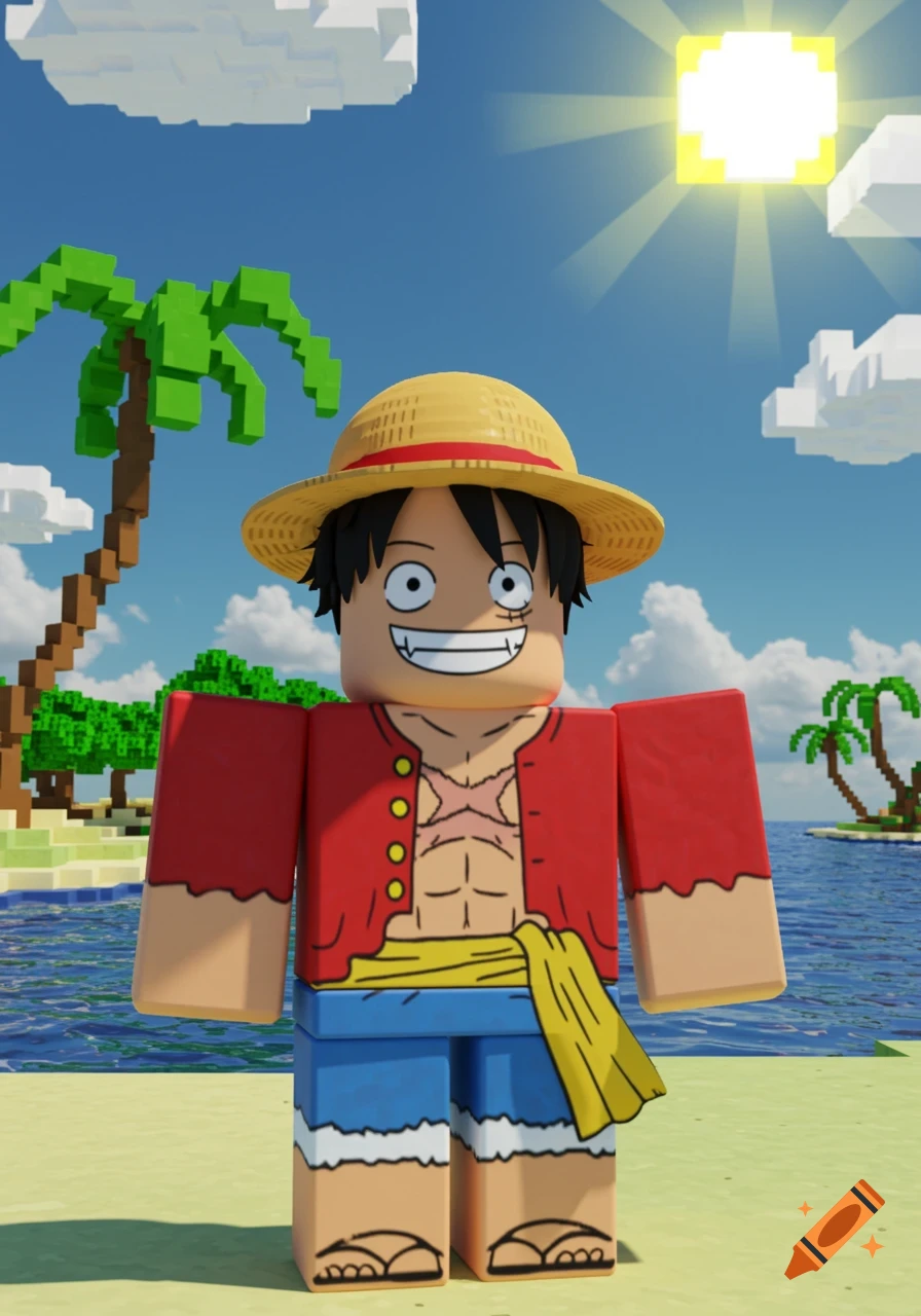 A blocky, Roblox-style rendition of Monkey D. Luffy standing on a sunny ...