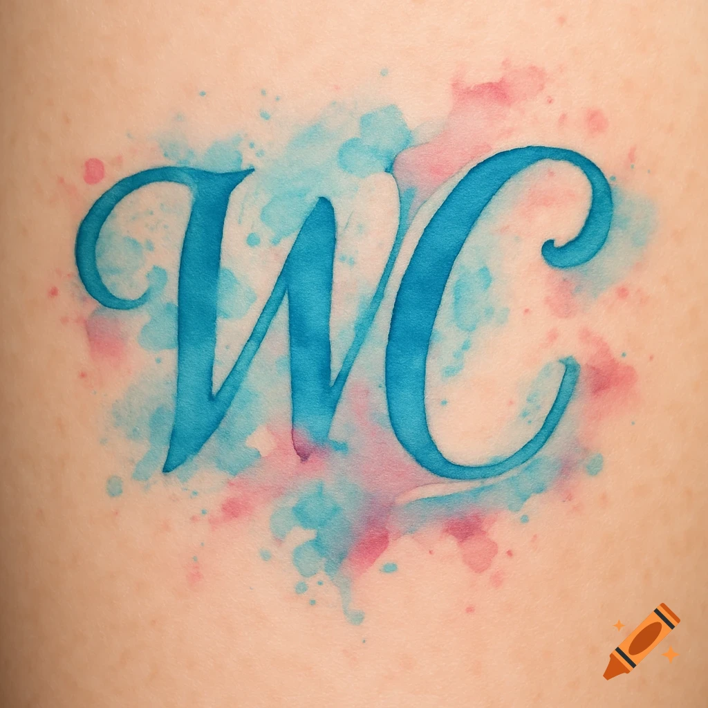 A blue watercolor tattoo of the letters WC with pink and blue splatters ...