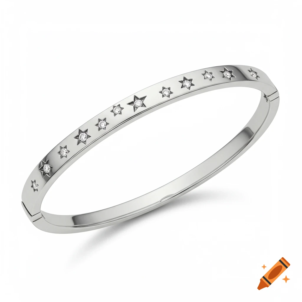 A silver bangle bracelet with engraved stars and small diamonds. on Craiyon