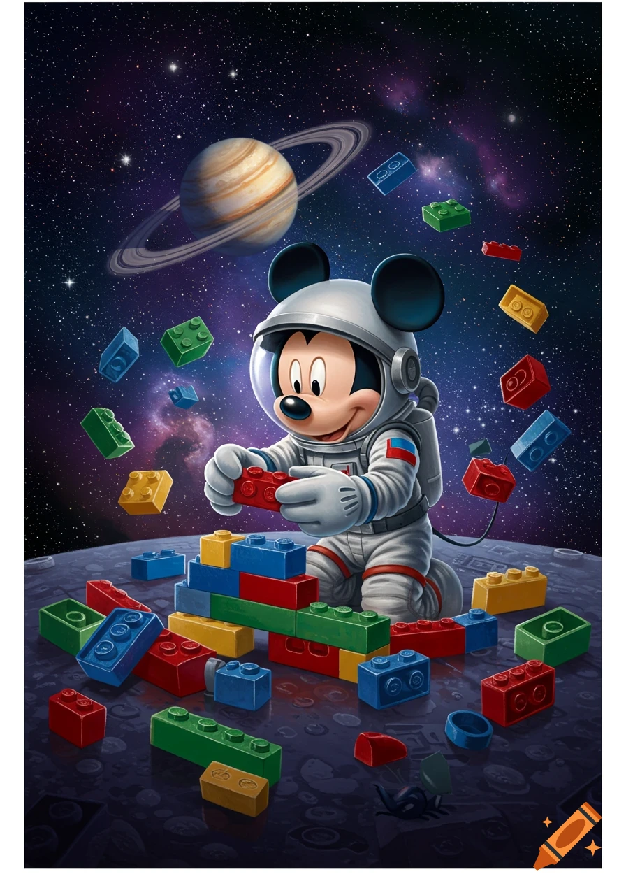 Mickey Mouse in a lab coat plays chess on a sleek desk with a computer ...