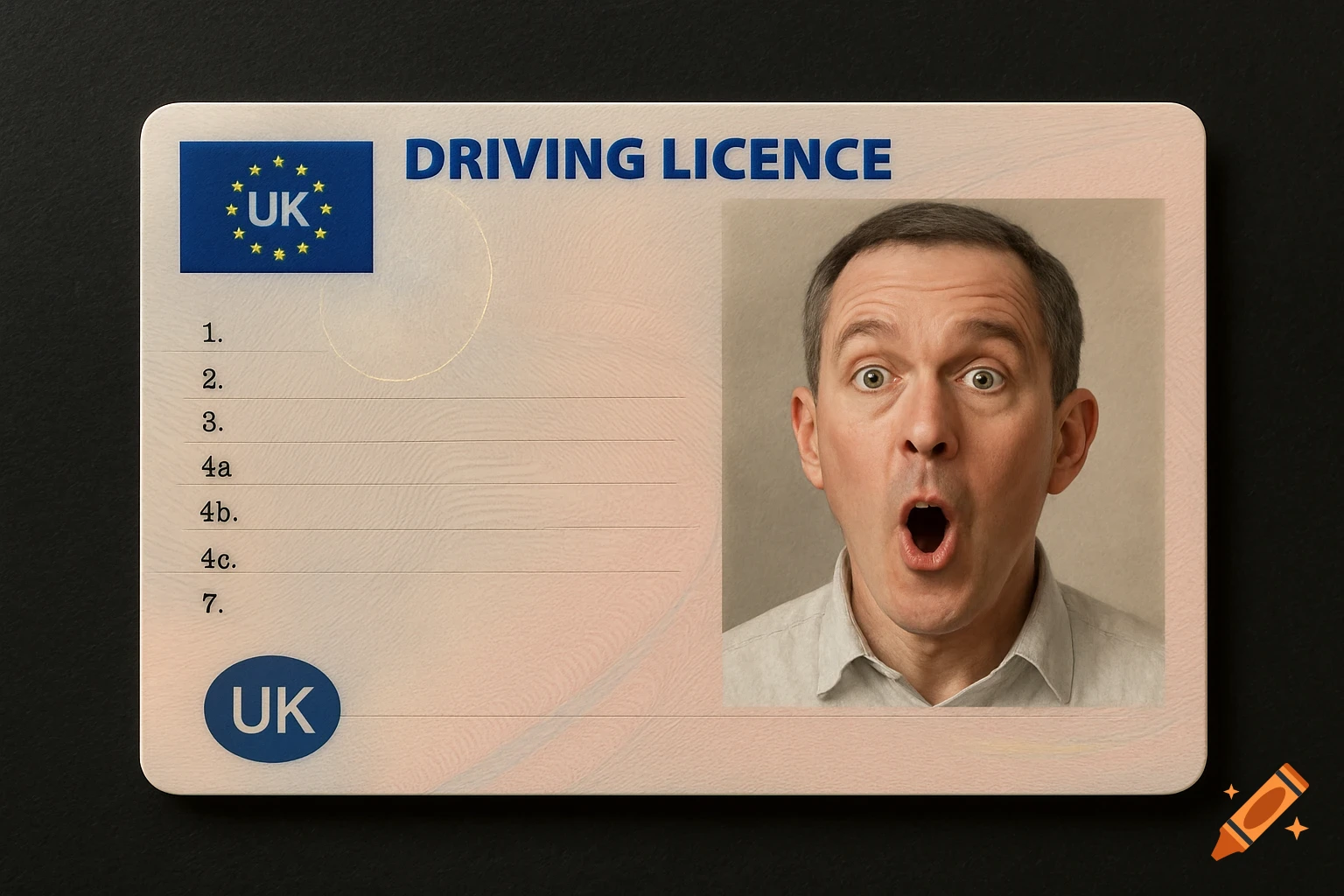 Close-up of a UK driving license with a man's face showing a shocked ...