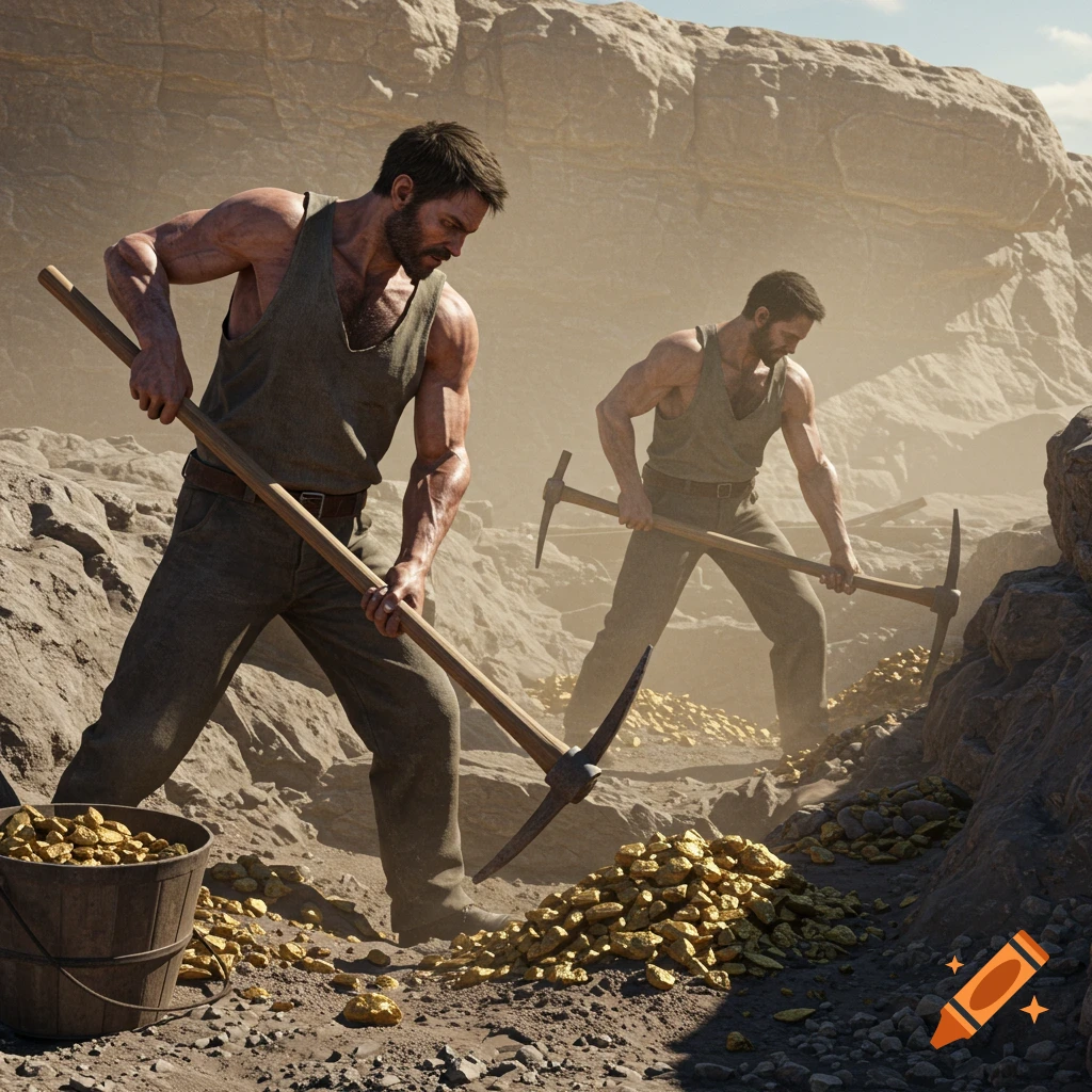 Two muscular men in tank tops and pants mine for gold nuggets in a ...
