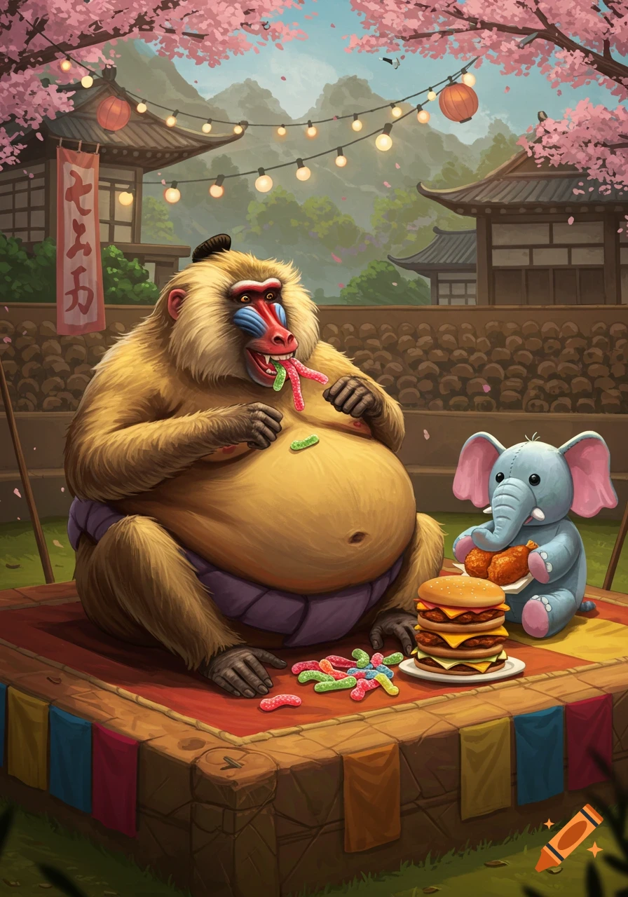 A cartoon fat baboon wearing a sumo belt sits on a colorful platform ...