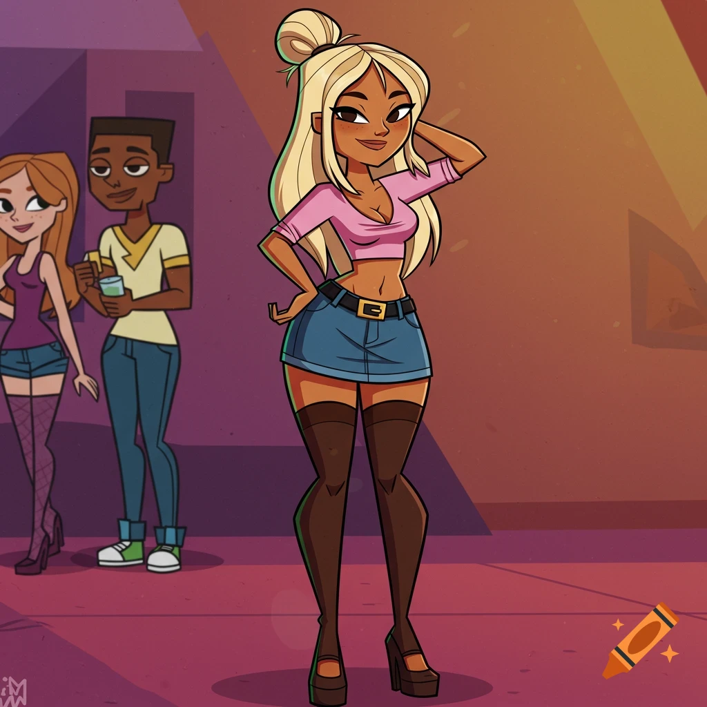 Cartoon character with blonde hair, tan skin, pink crop top, denim ...