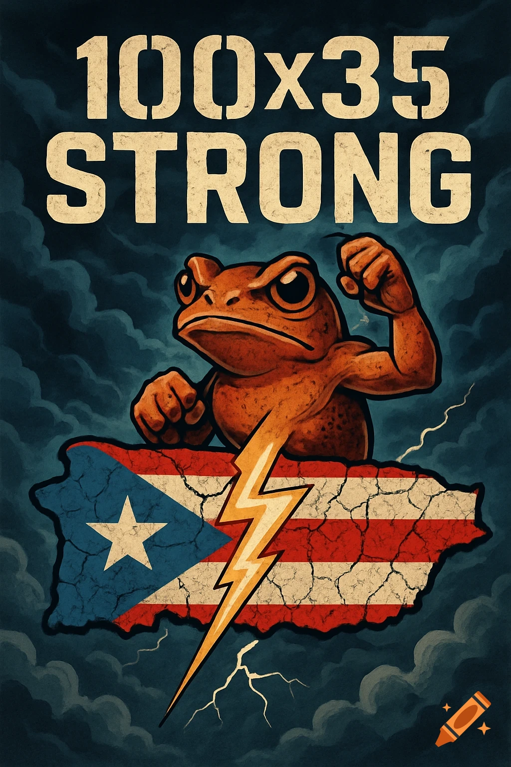 A coqui frog sits in front of the Puerto Rican flag and a Taíno sun ...