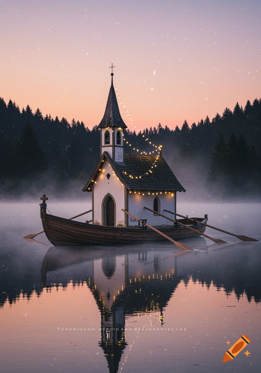 A whimsical chapel in a rowing boat floats on a misty lake at dusk ...
