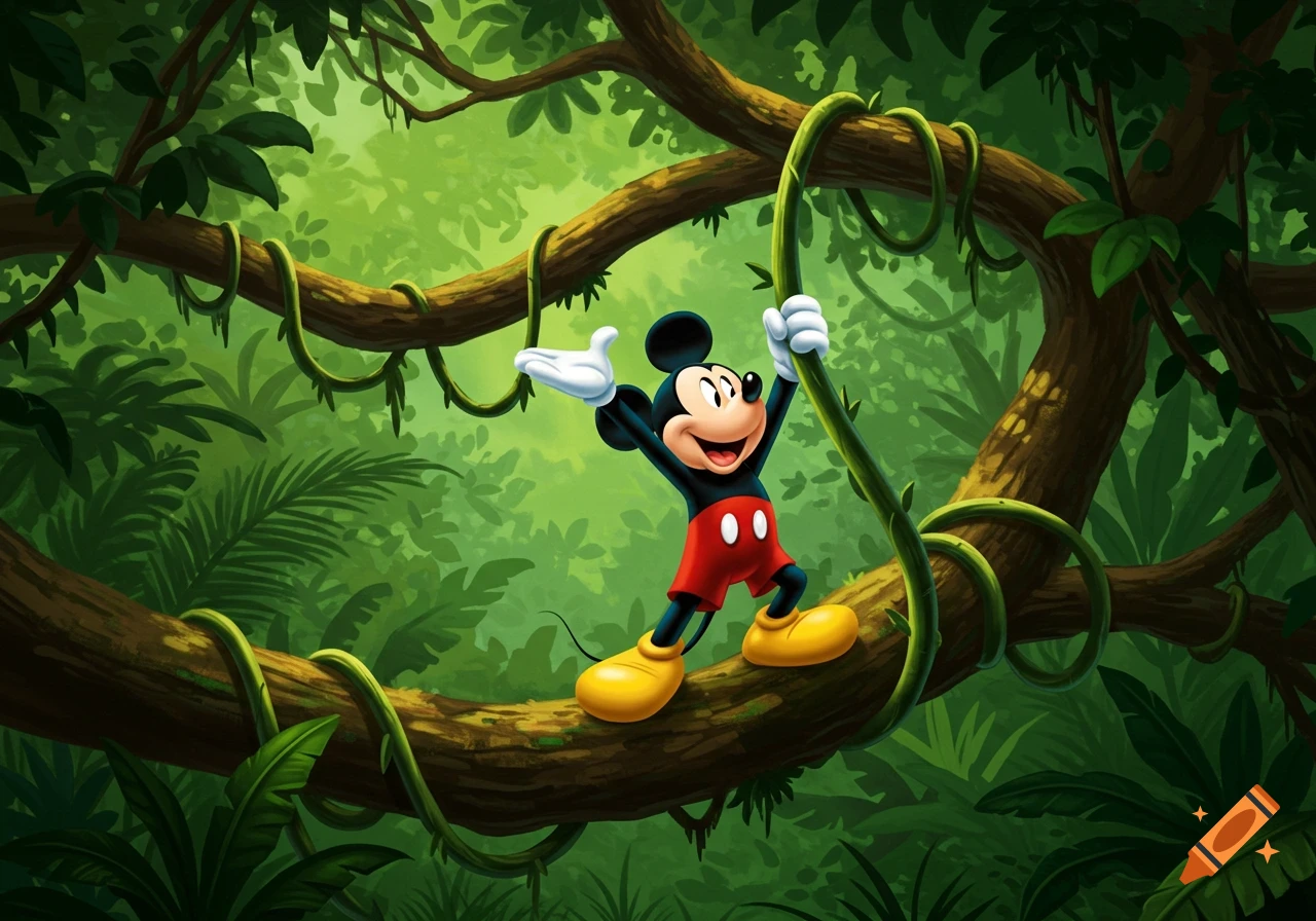 Mickey Mouse stands on a tree branch, holding a vine in a vibrant green ...