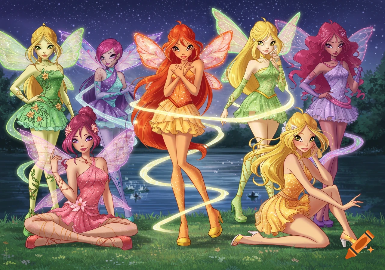 Seven cartoon fairies with colorful wings and dresses pose in a ...