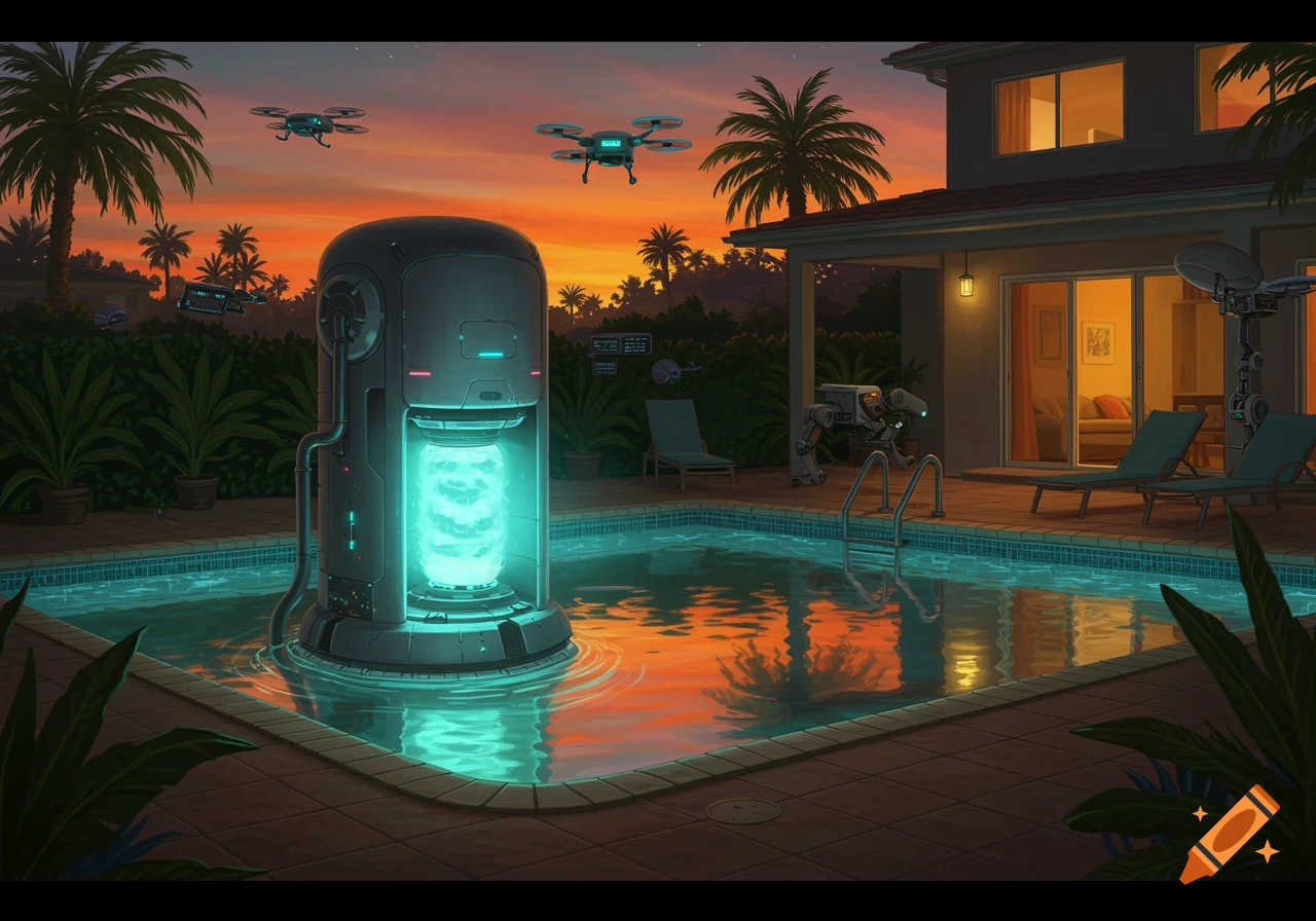 A futuristic house with a glowing nuclear reactor in the pool, watched ...