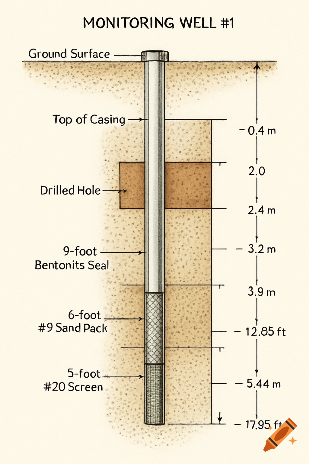 A detailed cross-section diagram of a monitoring well, showing ground surface, casing, drilled ...