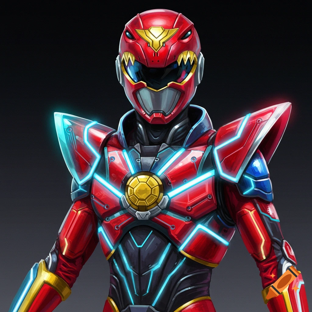 A red armored superhero, resembling the Red Ranger, stands holding an ...